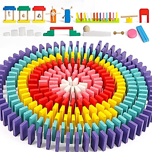 Wondertoys 600 PCS Dominoes Set for Kids Wooden Building Blocks 6 Colors Bulk Dominoes Racing Tile Games Educational Toy for Kids Birthday Party with 11 Add-on Blocks and 1 Storage Bag