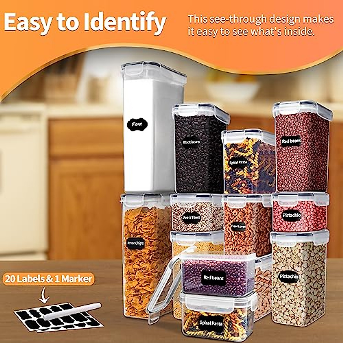 Airtight Food Storage Containers with Lids, 7 Pcs BPA Free Plastic Dry Food Canisters for Kitchen Pantry Organization and Storage Ideal for Cereal, Flour and Sugar, Dishwasher safe,Include 10 Labels and Marker, Black