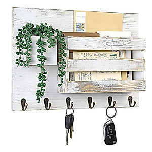 MyGift Wall Mounted White Washed Solid Wood Entryway Key Hooks and Mail Holder Organizer Rack with 6 Hooks and Artificial String of Pearls Decorative Plant