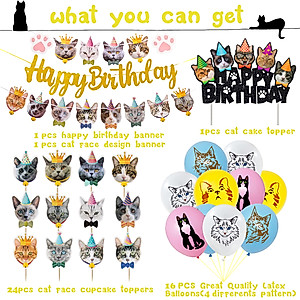 42pcs Cat Birthday Party Decoration Set, Cat Face Banner Latex Balloons Kitten Happy Birthday Cake Cupcake Toppers for Meow Kitty Theme Birthday Party Supplies