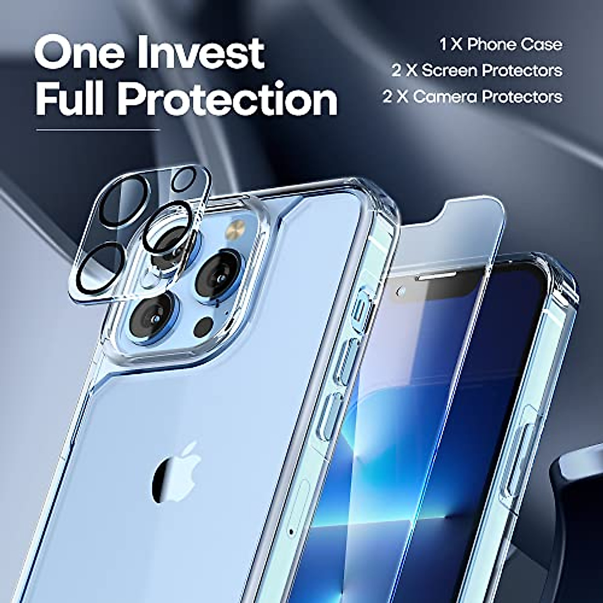 TAURI 5-in-1 for iPhone 13 Pro Phone Case, [Not-Yellowing] with 2 Screen Protector + 2 Camera Lens Protector, [Military Grade Protection] Shockproof Slim Phone Case for iPhone 13 Pro 6.1 inch, Clear