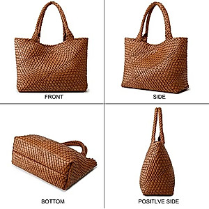 Woven Bag for Women, Fashion Top Handle Shoulder Bag Vegan Leather Shopper Bag Large Travel Tote Bag (Brown)