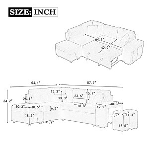Reversible Sleeper Sectional Sofa Bed with Pull Oue Bed and Storage Ottoman 2 Stools , Chenille Upholstered Convertible Corner Couch Sofabed with Wireless Charger and USB Ports for Living Room Office