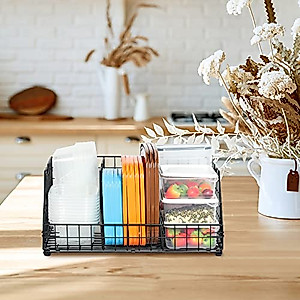 Multifunction Food Container Lid Organizer Basket,Adjustable 3 Dividers Container Organizer Lid Organizer,Lid Organizer for Plastic Lids Compatible with Lid and Containers for Cabinets,Pantry,Black