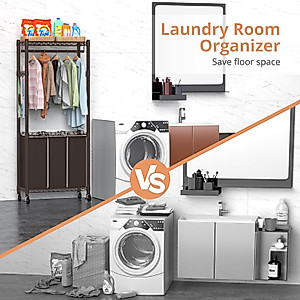 Hodonas Laundry Sorter 3 Section with Hanging Bar, Rolling Laundry Hamper Cart 3-Bag Laundry Basket Organizer Sorter with Hanging Rack Lockable Wheels and Removable Bags for Clothes Storage, Espresso