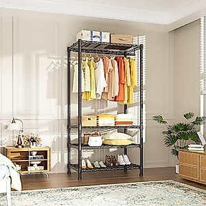 Ulif H2 Heavy Duty Clothes Rack, Freestanding 4 Tiers Garment Rack for Hanging Clothes with Shelves and Hangers, Closet Organizers and Storage Metal Closet Wardrobe System, Max Load 500 LBS, Black