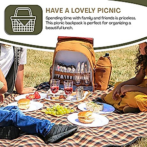 Picnic Backpack - Canvas and Faux Leather Picnic Backpack for 4 – Insulated Picnic Basket for 4 and Picnic Set - Picnic Basket w/a Fleece Picnic Blanket, Dinner Plates and Cutlery Set