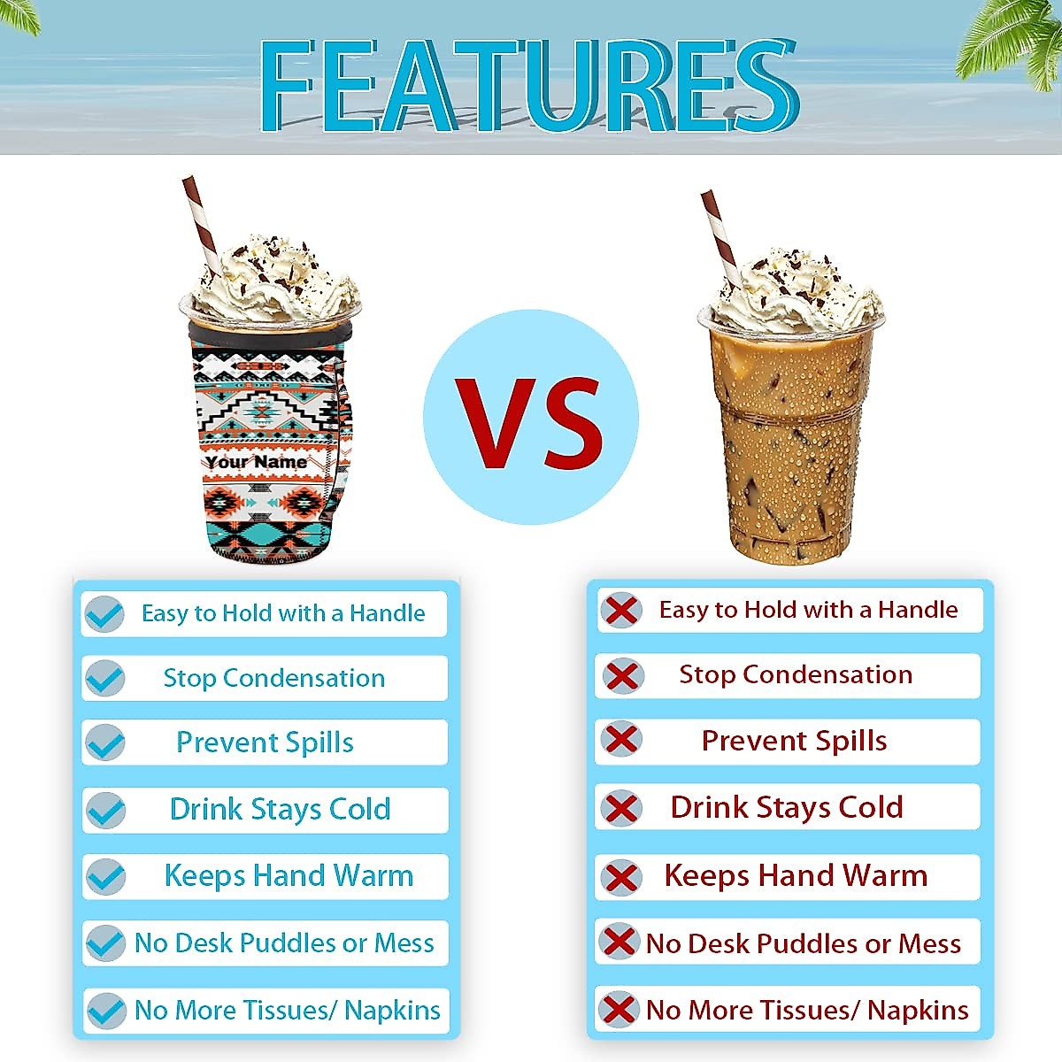 Ethnic Aztec Geometric Customize Coffee Sleeve Personalized Custom Coffee Sleeve with Handle Reusable Coffee Cover Neoprene Insulator Cup Sleeve for Hot&Cold Coffee Drink Beverages Size L for 30-32 oz