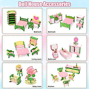 6 Sets of Wooden Dollhouse Furniture Set with 8 Dollhouse Family Figures 1:12 Playhouse Miniature Wood Toy Furniture and Accessories Kitchen, Bathroom, Living Room, Bedroom Pretend Play Toys