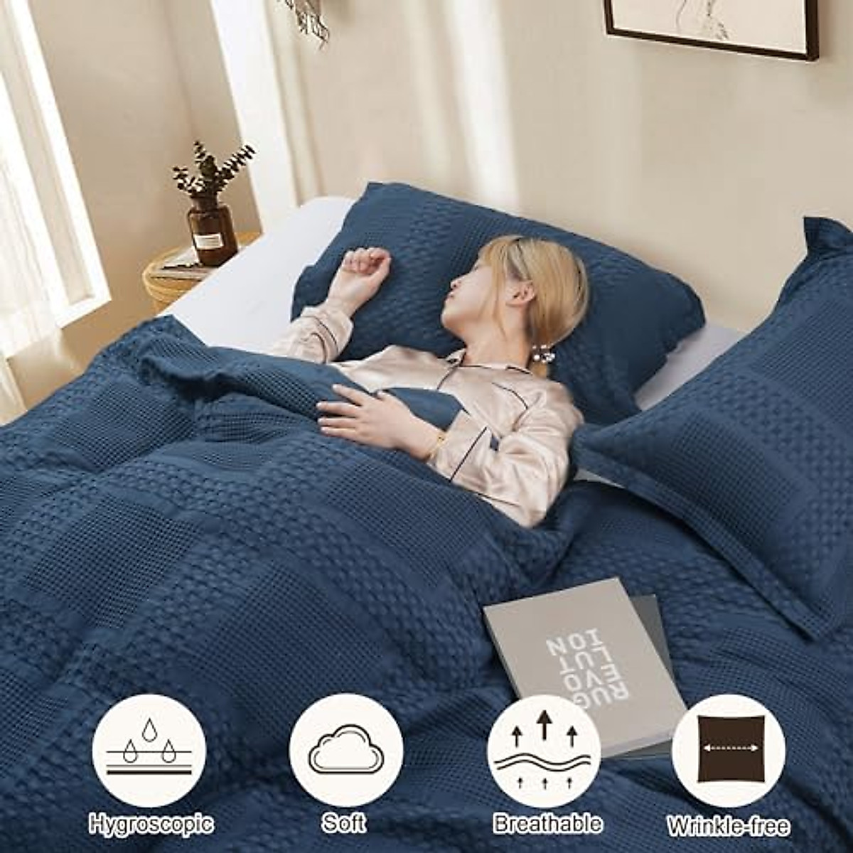 PHF 100% Cotton Waffle Duvet Cover Full Size, 3 Pieces Soft Breathable Duvet Cover Set for All Season, Pre-Washed Decorative Textured Comforter Cover with 2 Pillow Shams, 80"x90", Navy Blue