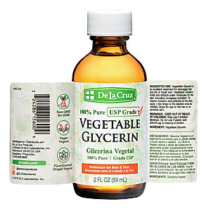 De La Cruz Vegetable Glycerin, 100% Pure Liquid Glycerine USP Grade for Hair, Skin and DYI Projects 2 FL. OZ.