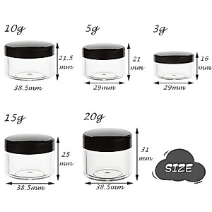 ZEJIA 10pcs Small Travel Containers, Black Sample Containers with Screw Lids, 5 Size 3/5/10/15/20 Gram Sample Jars with 12pcs Labels and 2pcs Mini Disposable Spatula, Makeup Sample Containers BPA Free