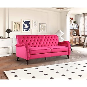 Melpomene Chesterfield-Styled 3 Seater Sofa Couch, Modern 72" Velvet Sofa with Button Tufting, Unique Arm and Wood Legs,Rose Red