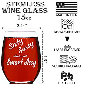CARVELITA Sixty Sassy And A Bit Smart Assy 15oz Engraved Stemless Wine Glass, Sarcastic Gifts For Best Friends - Perfect Party Decoration Idea, 60 Birthday Gifts for Women