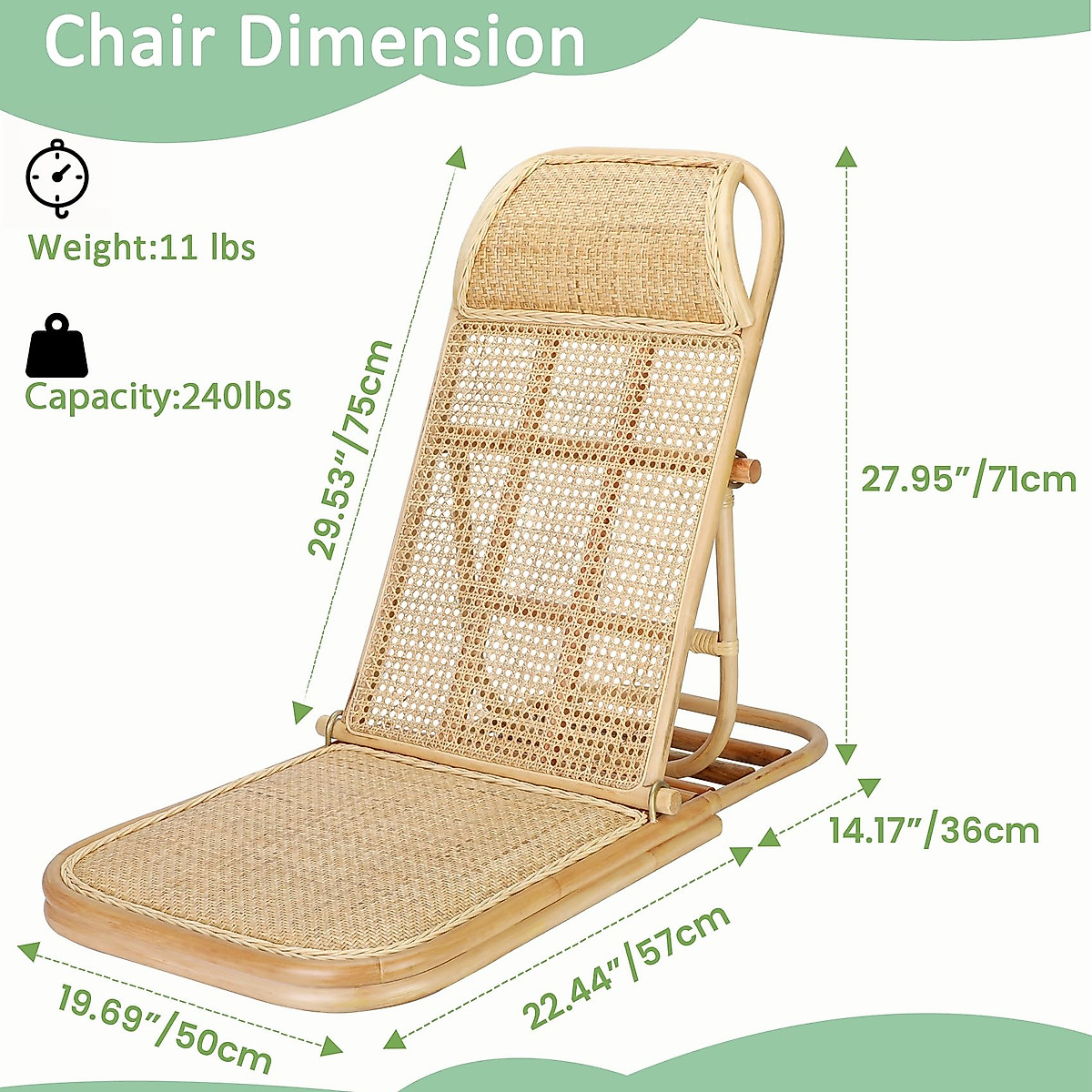 Folding Portable Beach Chair, 4-Gear Adjustable Chaise Lounge, Rattan Beach Chair, Floor Wood Chair,Pool Lounger Recliner, Portable Wicker Beach for Pool Home Yoga Meditate Office Relaxation