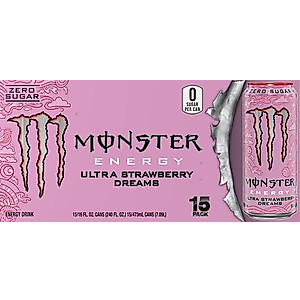 Monster Energy Ultra Strawberry Dreams, Sugar Free Energy Drink, 16 Ounce (Pack of 15)