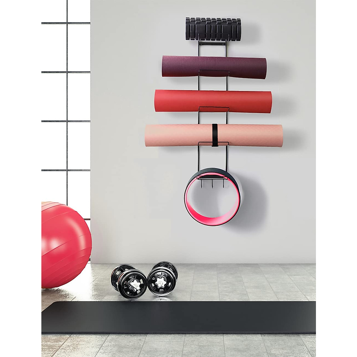 5-Tiers Yoga Mat Holder Wall Mount, Metal Storage Rack for Yoga Mat/Wheels, Foam Roller and Block, Wall Yoga Mat Rack with 3-Hooks for Hanging Stretching Strap, Resistance Bands, Yoga Accessories
