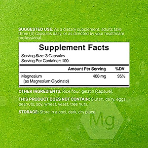 Magnesium Glycinate 400mg | Elemental Magnesium - 300 Capsules | Chelated for Easy Absorption | Highly Purified Essential Trace Mineral for Muscle, Joint, Heart, & Immune Support