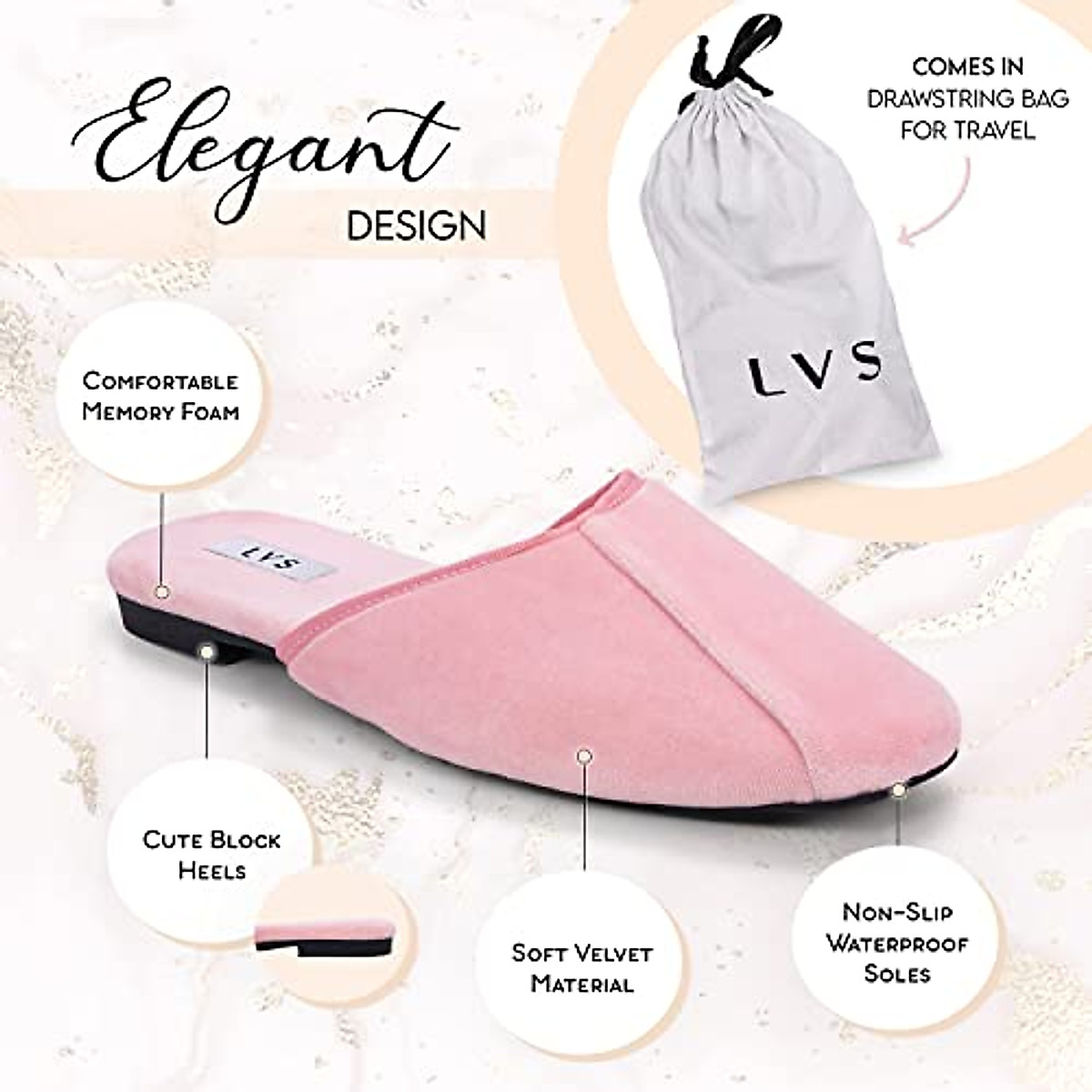 LVS House Slipper Mules for Women. Stylish Pink and Comfortable. Memory Foam, Indoor Outdoor Anti-Slip Rubber Soles. Includes Travel Dust Bag.