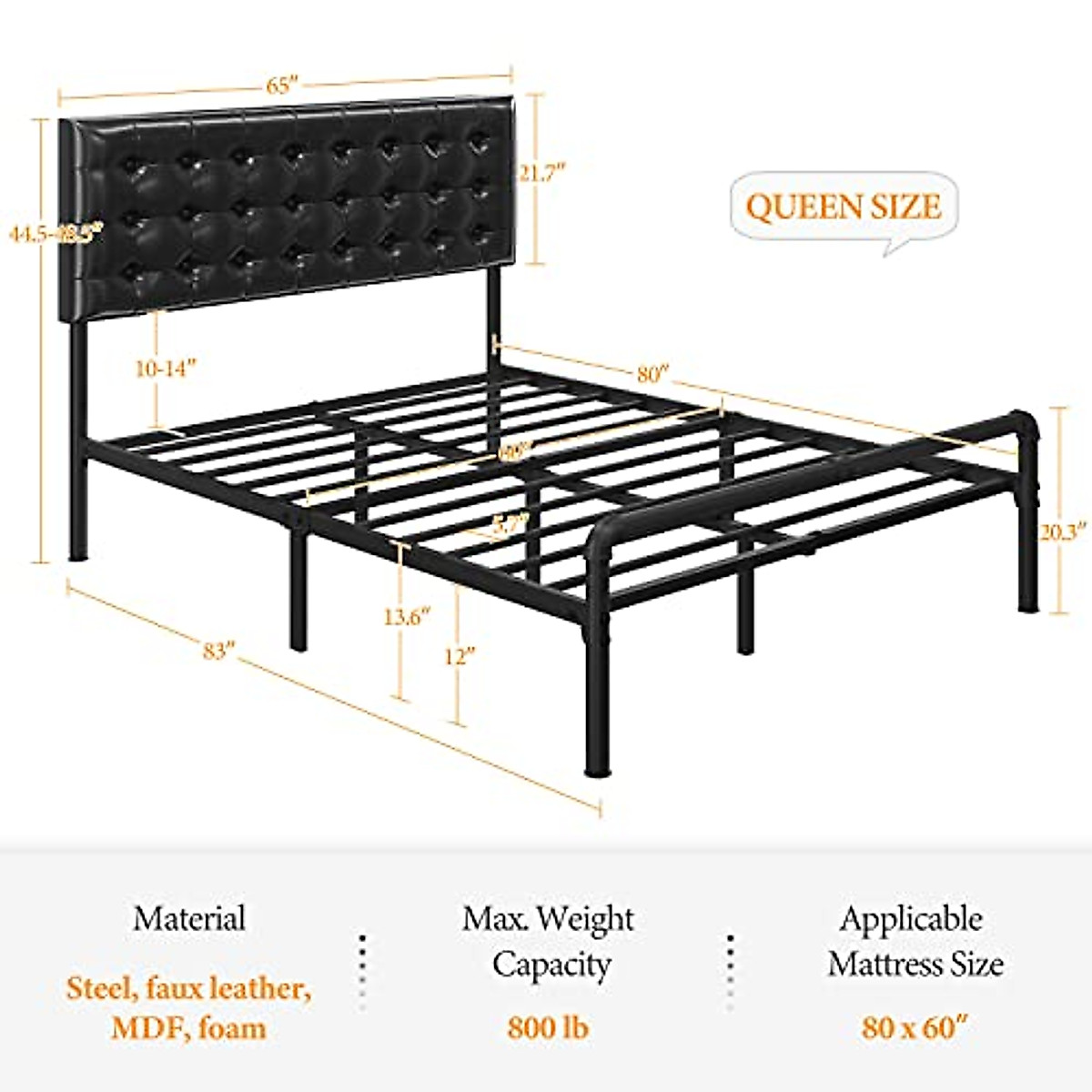 Yaheetech Queen Size Bed Frame, Metal Platform Bed with Faux Leather Height-Adjustable Headboard/12 Inch Underbed Storage/Noise Free/No Box Spring Needed/Industrial Pipe Foot End, Elegant Black