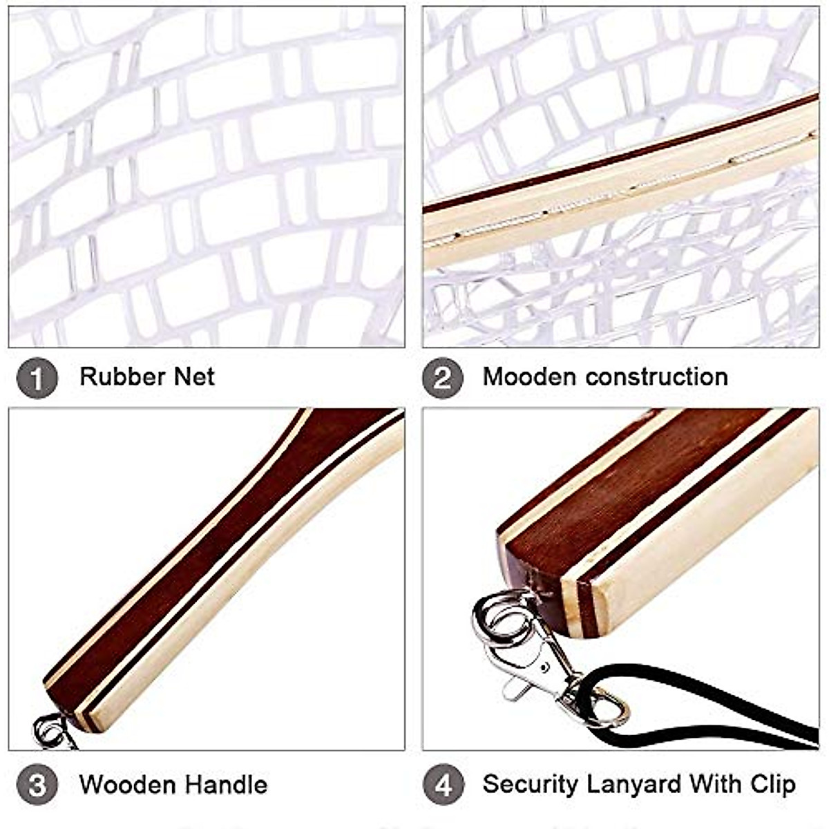 Mounchain Fishing Net Fly Fishing Landing Net, Wooden Frame Fish Net with Soft Rubber Mesh for Trout Catch and Release Net Gifts for Father Men