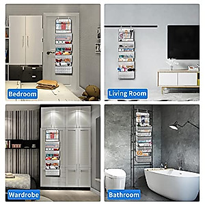 WTY Over The Door Organizer,5-Shelf Over Door Hanging Organizer with 4 Large Pocket,3 PVC Pockets and 2 Metal Hooks, Foldable Wall Mount Fabric Storage for Pantry Nursery Bathroom Closet 50x16x5 inch