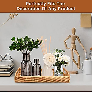 Akamino Rattan Tray with Rattan Coasters - 14.6''x12.2''x2'' Hand-Woven Wicker Basket Tray with Handles for Breakfast, Rectangular Decorative Serving Organizer for Coffee Table, Drinks, Fruit