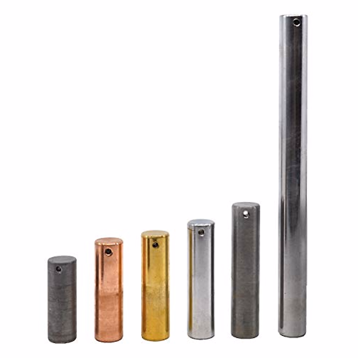 6pc Equal Mass Metal Cylinders Set - Copper, Lead, Brass, Zinc, Iron & Aluminum - Includes Wooden Storage Block - for Specific Heat, Specific Gravity & Density Experimentation - Eisco Labs