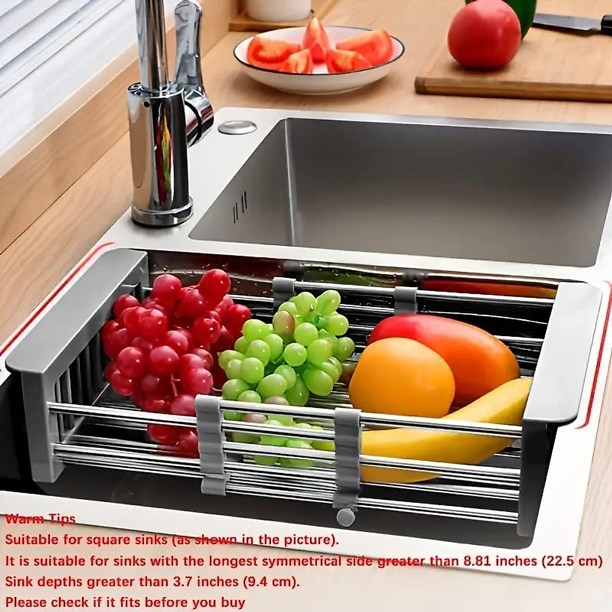 ALREMO 1pc Drain Rack, Stainless Steel Kitchen Basket, Home Dish Rack, Retractable Sink Shelf, 8.81*(11.22-18.5)*3.7in, Suitable for Rectangular Sink (Black)