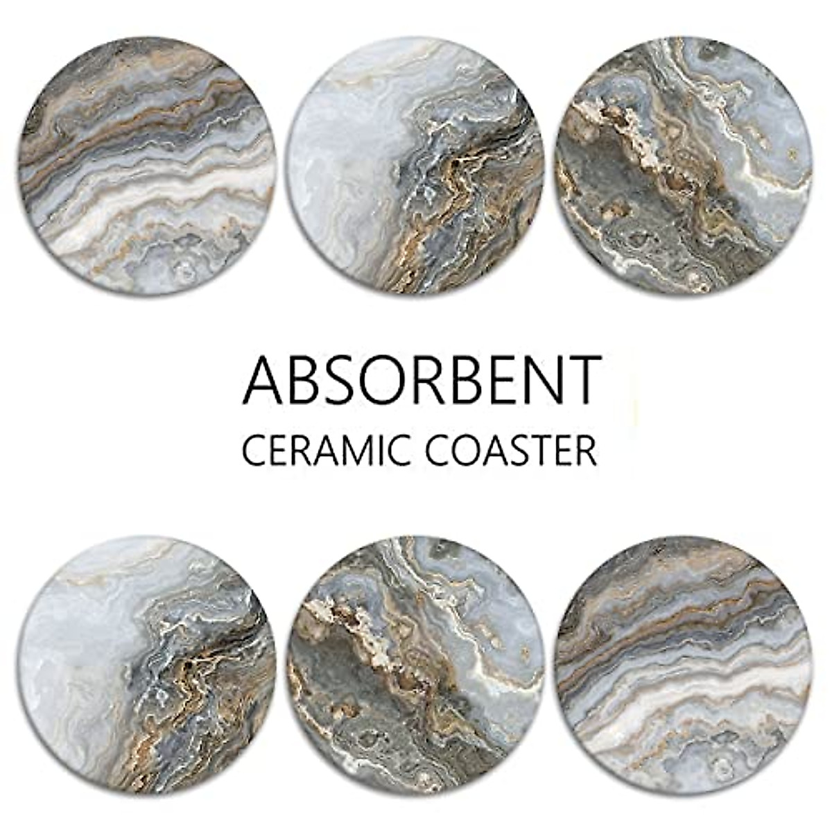Coaster for Drinks Set of 6, Grey Marble Golden Stone Agate Absorbent Round Ceramic Stone Mat, with Cork Base and Metal Holder, Gift for Housewarming Room Bar Decor