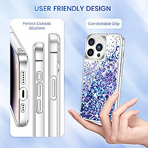 Caka Designed for iPhone 14 Pro Case, iPhone 14 Pro Case 2022 Glitter Bling Sparkle for Women Girls Liquid Floating Quicksand Cover with Screen Protector Phone Case - Blue Purple