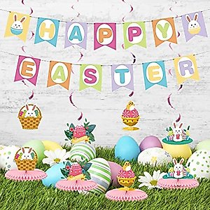 ASunine Easter Party Decorations Happy Easter Banner Hanging Swirl with Honeycomb Centerpieces Easter Eggs Bunny Table Decorations for Home Office School Classroom Party Supplies