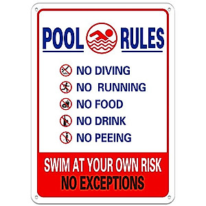 Swimming Pool Rules Sign - No Diving, No Running, No Food, No Drinks-Metal tin Logo Vintage Bathroom Poster bar Kitchen Farm Garden Garage Club Wall Art Deco tin Logo 12x16inch
