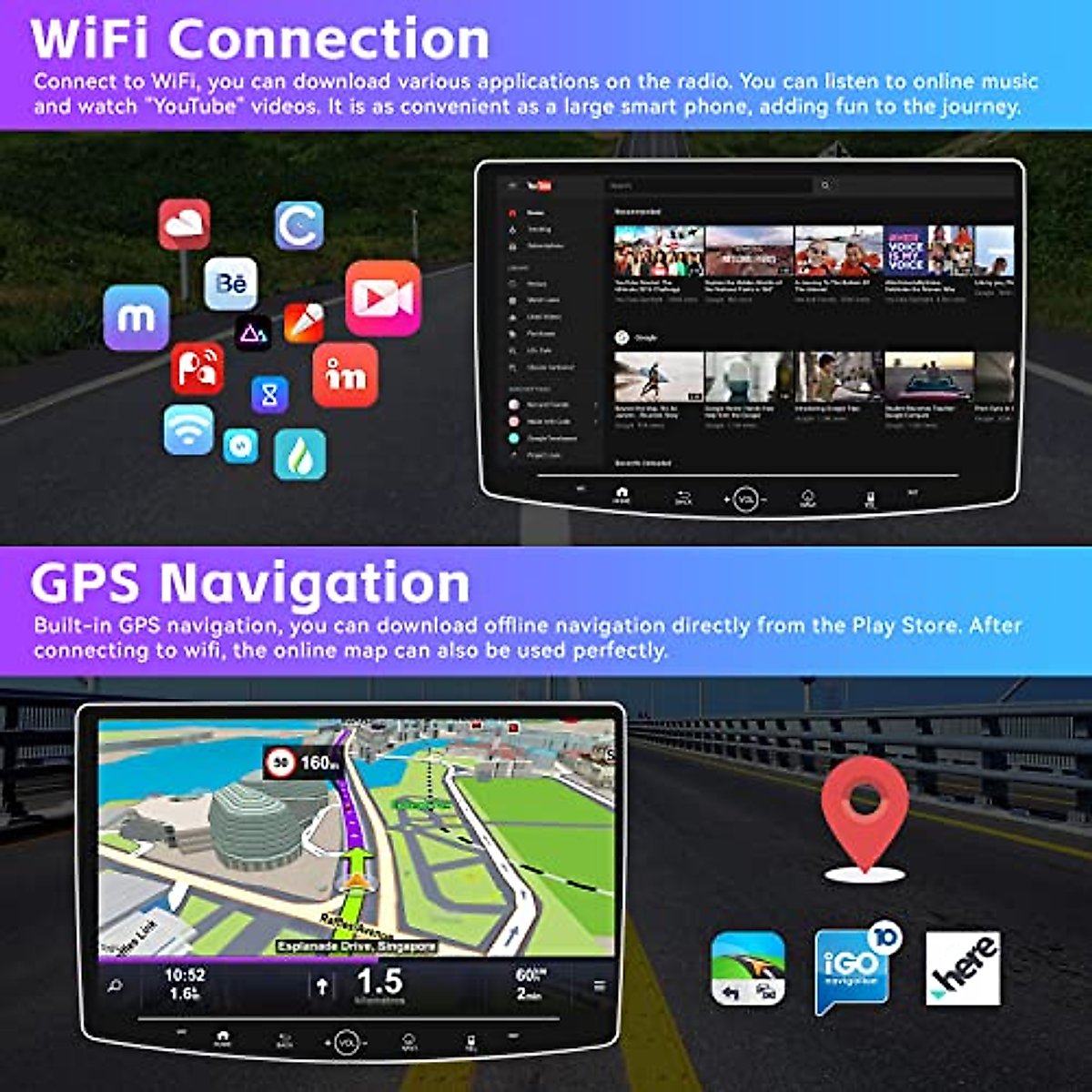 Android 11 Single Din Car Stereo 10 inch Rotatable Angle Screen Touch Screen Android Head Unit Support GPS Navigation FM RDS Bluetooth HiFi WiFi USB Mirror Link + Backup Camera&MIC