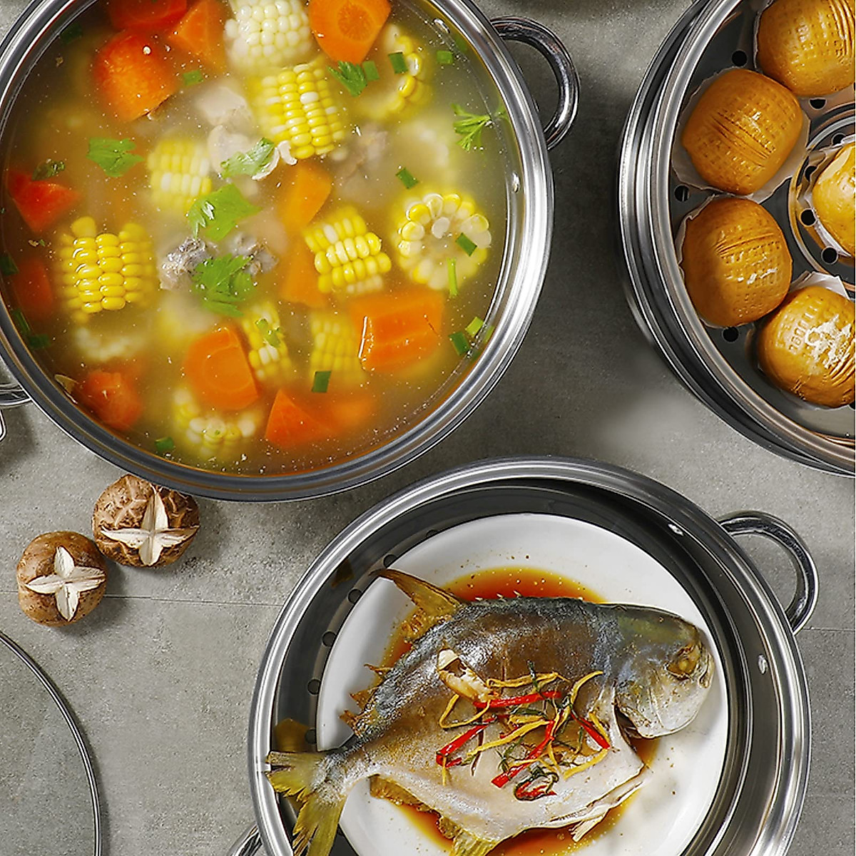 4 Piece Stainless Steel Steamer Pot Set with Glass Lid and handle,for Steamer Cooking,Casserole,Saucepan (4 layer)