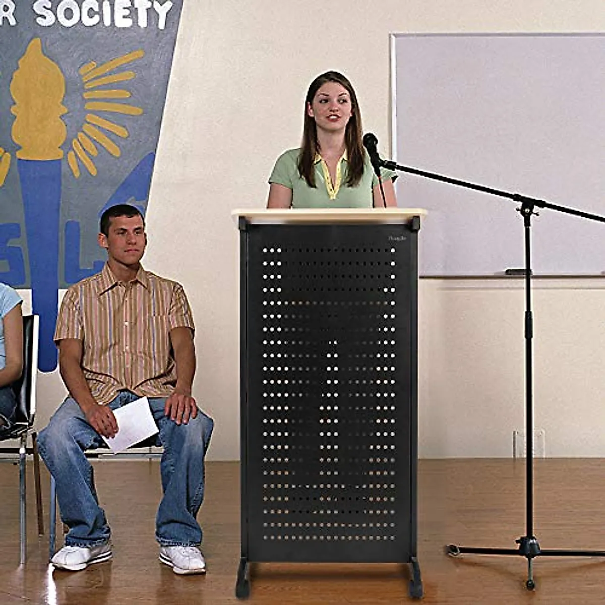 Bonnlo Mobile Wheeled Lectern Standing Podium, Portable Lecture Speech Teach Platform for Classroom Church or Ceremony, Multi-Function Reading or Laptop Desk, Table w/Tilted Top Board & Edge Stopper