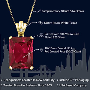 Gem Stone King 20.03 Cttw 18K Yellow Gold Plated Silver Red Created Ruby and White Topaz Pendant Necklace For Women | Emerald Cut 18X13MM | With 18 Inch Chain