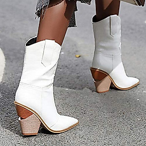 Guldnds Fashion Women PU Leather Autumn Square Heels Zipper Round Toe Mid Boots Shoes Tall Boots for Women Wide Calf Dressy
