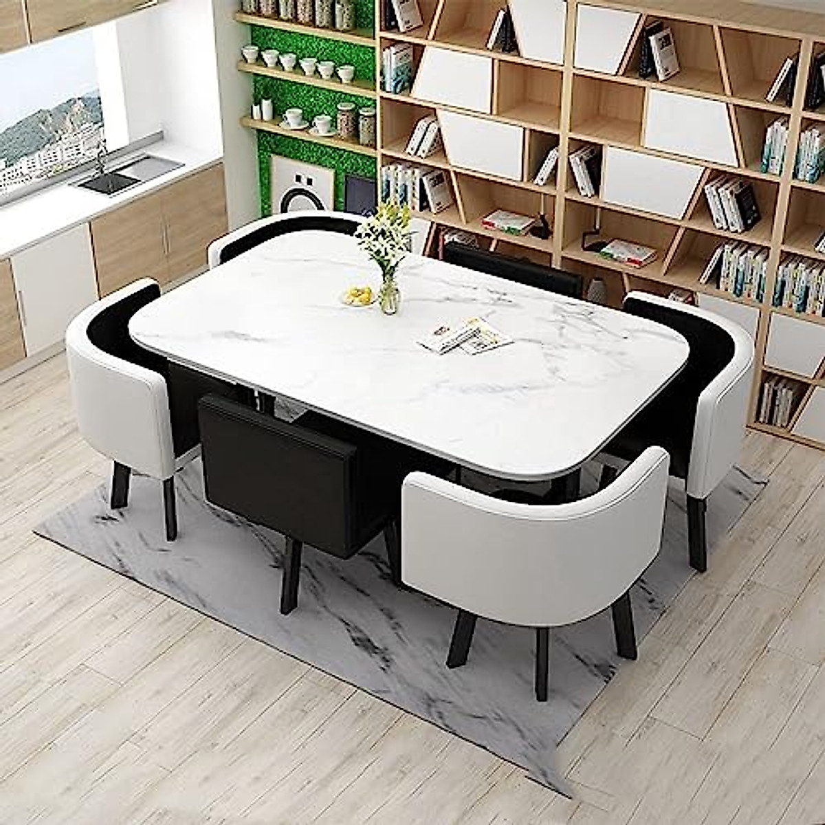 MEFFEE Office Reception Round Table- Coffee Table and 6 Chair Set Space-Saving Conference Table Dining Table Set for 6 Business Meetings Room Table (Color : Yellow 1) (Color : Black)