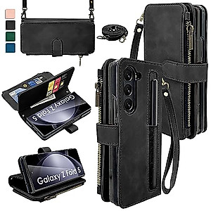 ZIULQIK for Samsung Galaxy Z Fold 5 Case, PU Leather Z Fold 5 Wallet Cases with S Pen Holder & Wrist Crossbody Strap & Card Holder Black