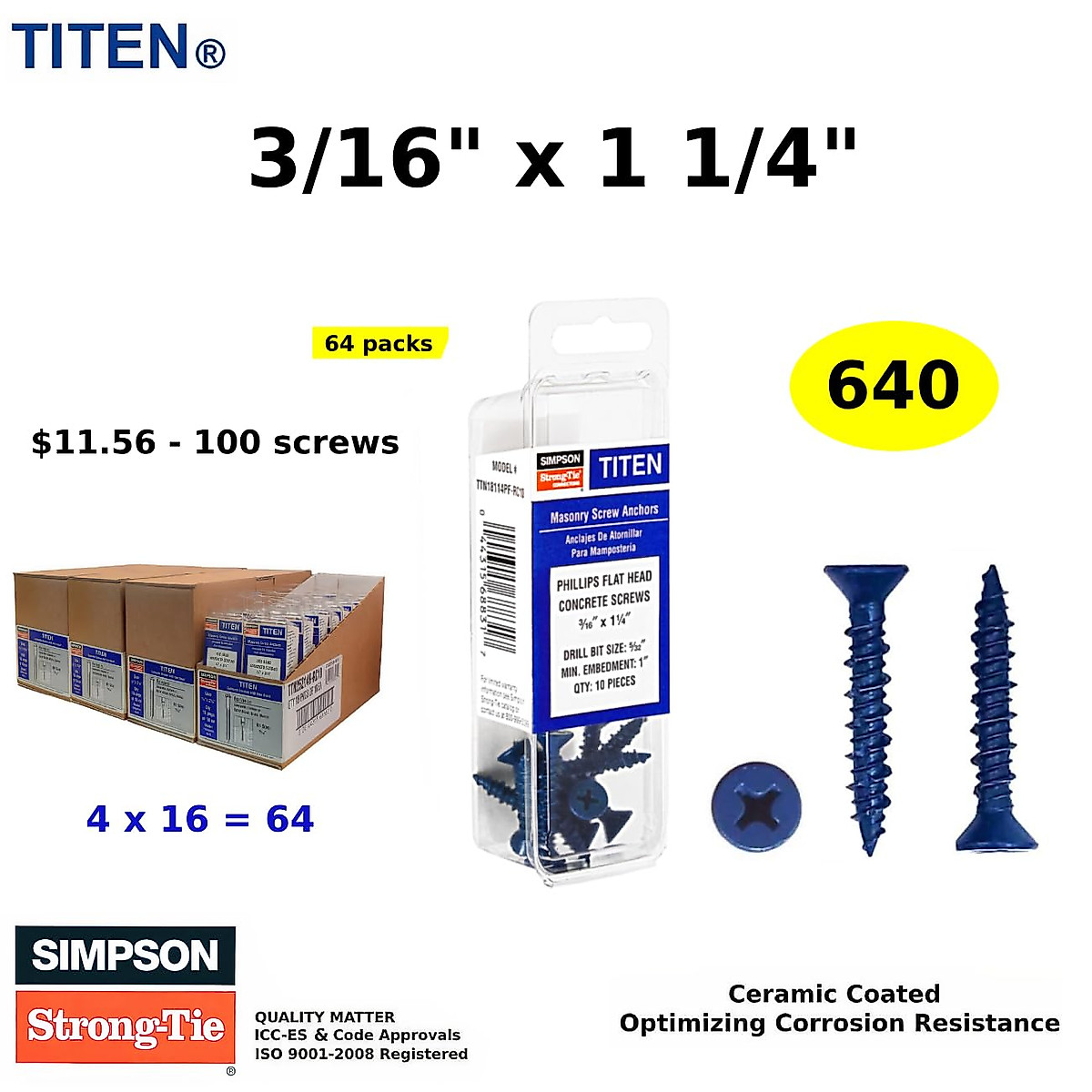 ((Qty 640) Concrete Screws 3/16” x 1 1/4” P/Flat Head for Anchoring to Masonry, Block or Brick Stucco 64 Pack 6 Drill Bits