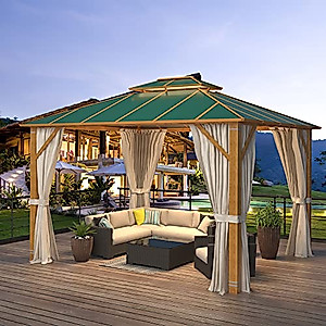 MELLCOM 10' x 12' Hardtop Gazebo, Wooden Finish Coated Aluminum Frame Outdoor Gazebo with Aluminum Double Roof, Blackish Green Metal Gazebo with Curtains and Nettings for Patios, Gardens, Lawns
