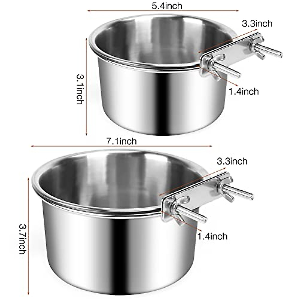 Dog Food & Water Bowl, ShineMe 2 Pack Stainless Steel Pet Bowls for Dogs and Cats Hanging in Cage Crate Kennel, Non-Slip Metal Feeder for Medium and Large Pets (7.1 * 3.5” & 5.5 * 3.2”)