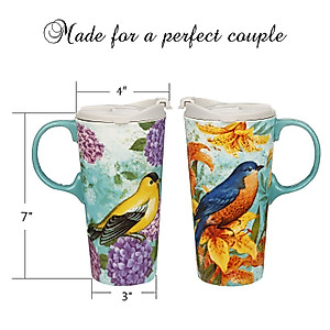 CEDAR HOME Coffee Ceramic Mug Porcelain Latte Tea Cup With Lid 17oz. Goldfinches, Set of 2