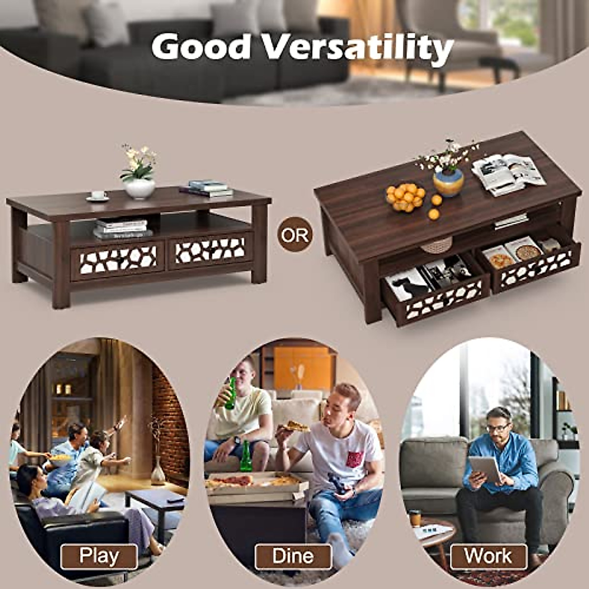 Giantex 3-Tier Coffee Table, 47" Rectangular Center Table w/Acrylic Mirror Design, Wooden Table w/Large Tabletop, Open Shelf, 2 Drawers & 5 Support Legs, Accent Living Room Furniture (Brown)