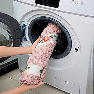 UKELER Non-Skid Floral Rose Bathroom Contour Rugs, Set of 2 Soft Shaggy Non Slip Bath Shower Mat and U-Shaped Toilet Floor Rugs, Pink