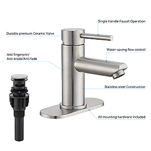 KPWATER Bathroom Faucets with Pop Up Drain, Stainless Steel Single Handle Bathroom Sink Faucets with Water Faucet Supply Lines for Bathroom Farmhouse RV Vanity(Brushed Nickel)