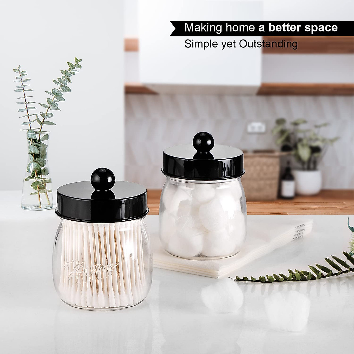 Farmhouse Decor Apothecary Jar Set,Mason Jar Bathroom Vanity Storage Organizer Canister - Qtip Holder Plastic Acrylic Jar for Cotton Swabs,Cotton Pads,Floss Picks,Paper Clips,Hair Clips(2 Pack,Black)