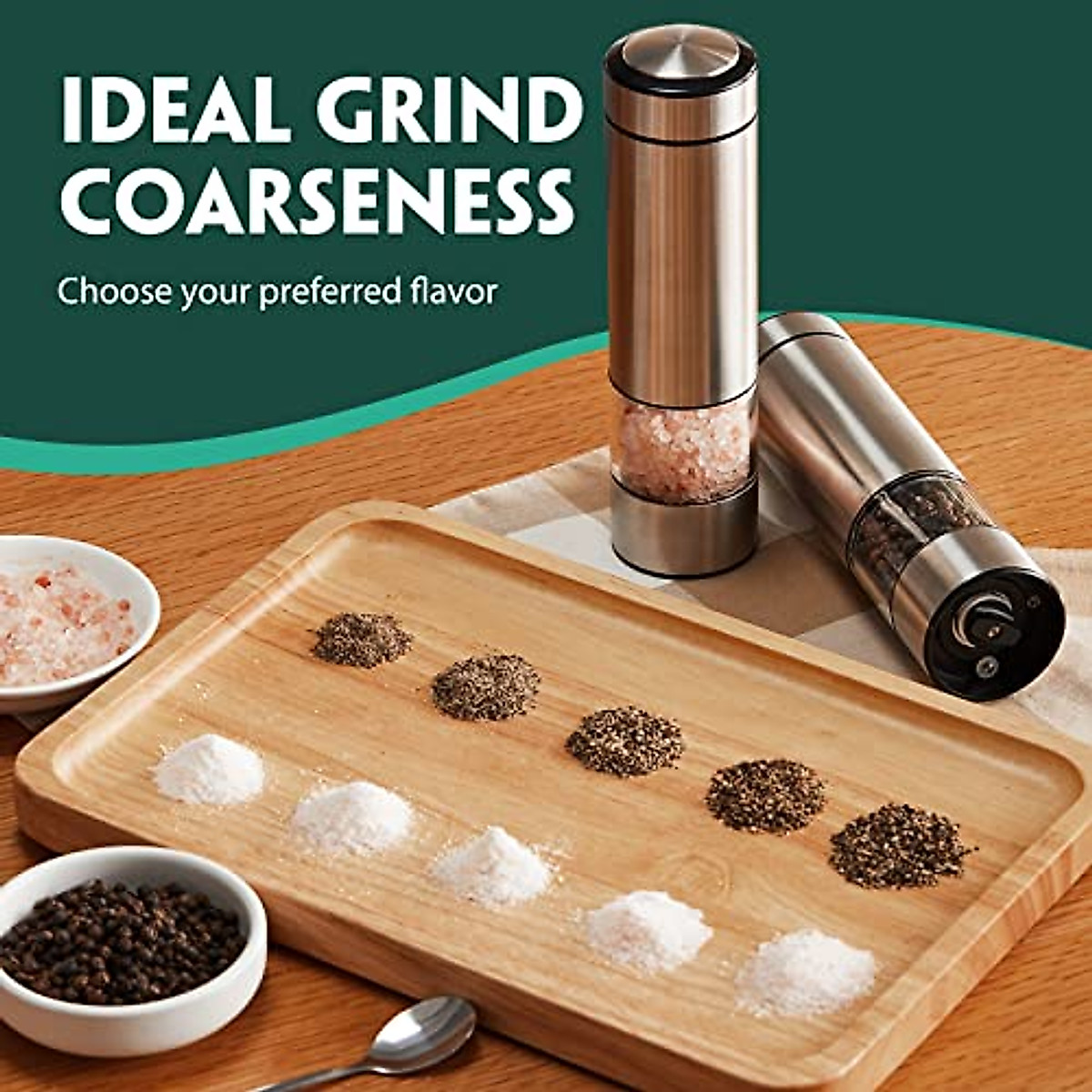 Electric Salt and Pepper Grinder Set - Kitexpert Battery Operated Pepper Mill with Light - One Handed Operation with Large Button - Up to 5 Adjustable Grinding Levels