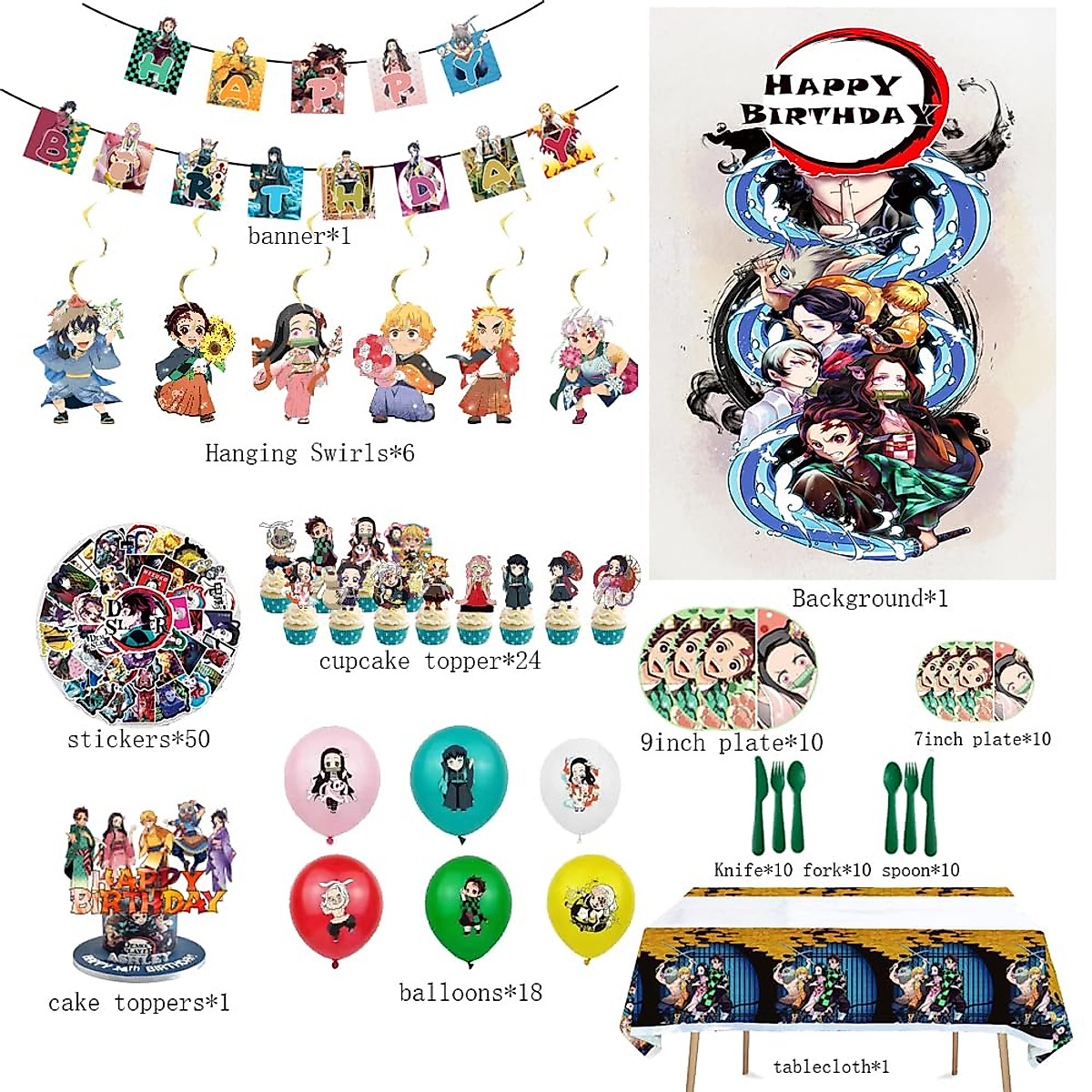 demon party supplies,birthday party decorations,including banners,balloons,cake toppers,backdrops,spiral hangings,tablecloths,fork,spoon,Knife.